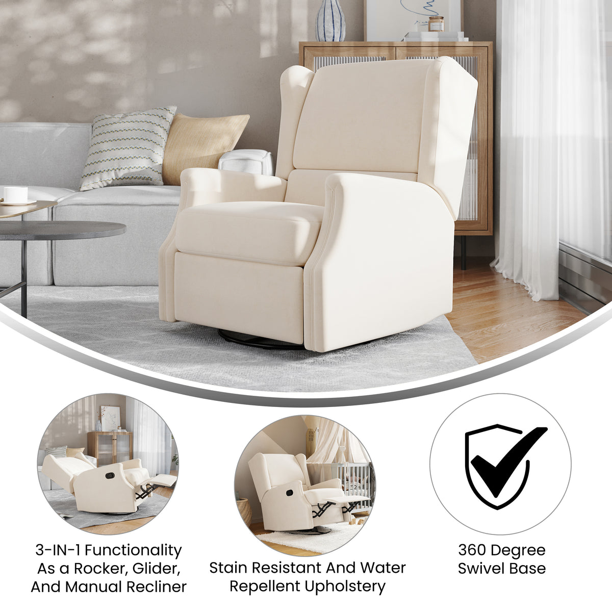 Merrick Lane Abby 3 in 1 Wingback Manual Recliner Rocker Swivel Glider Chair in Dark Gray