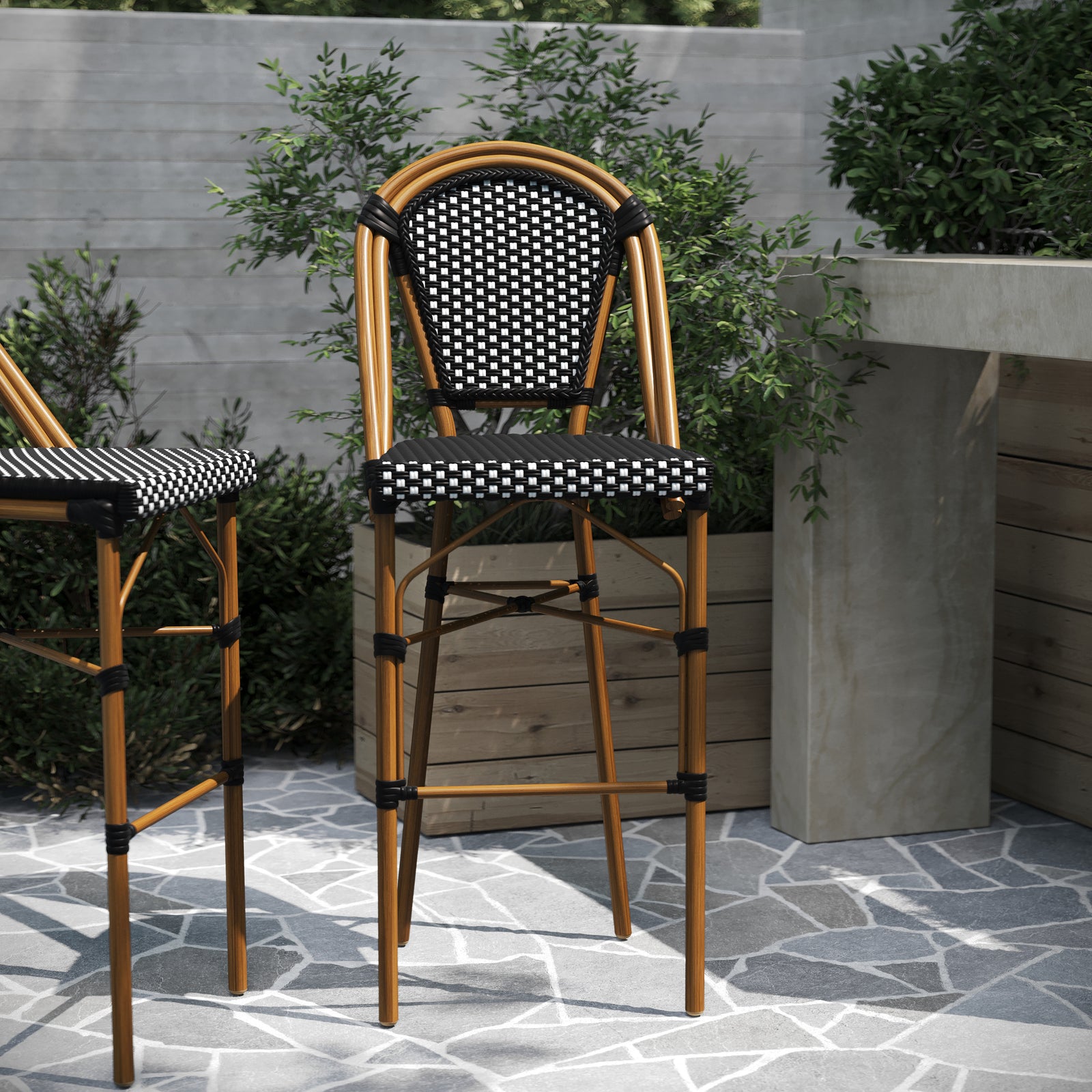 Sacha Set of Two Stacking French Bistro Bar Stools with PE Seats and B