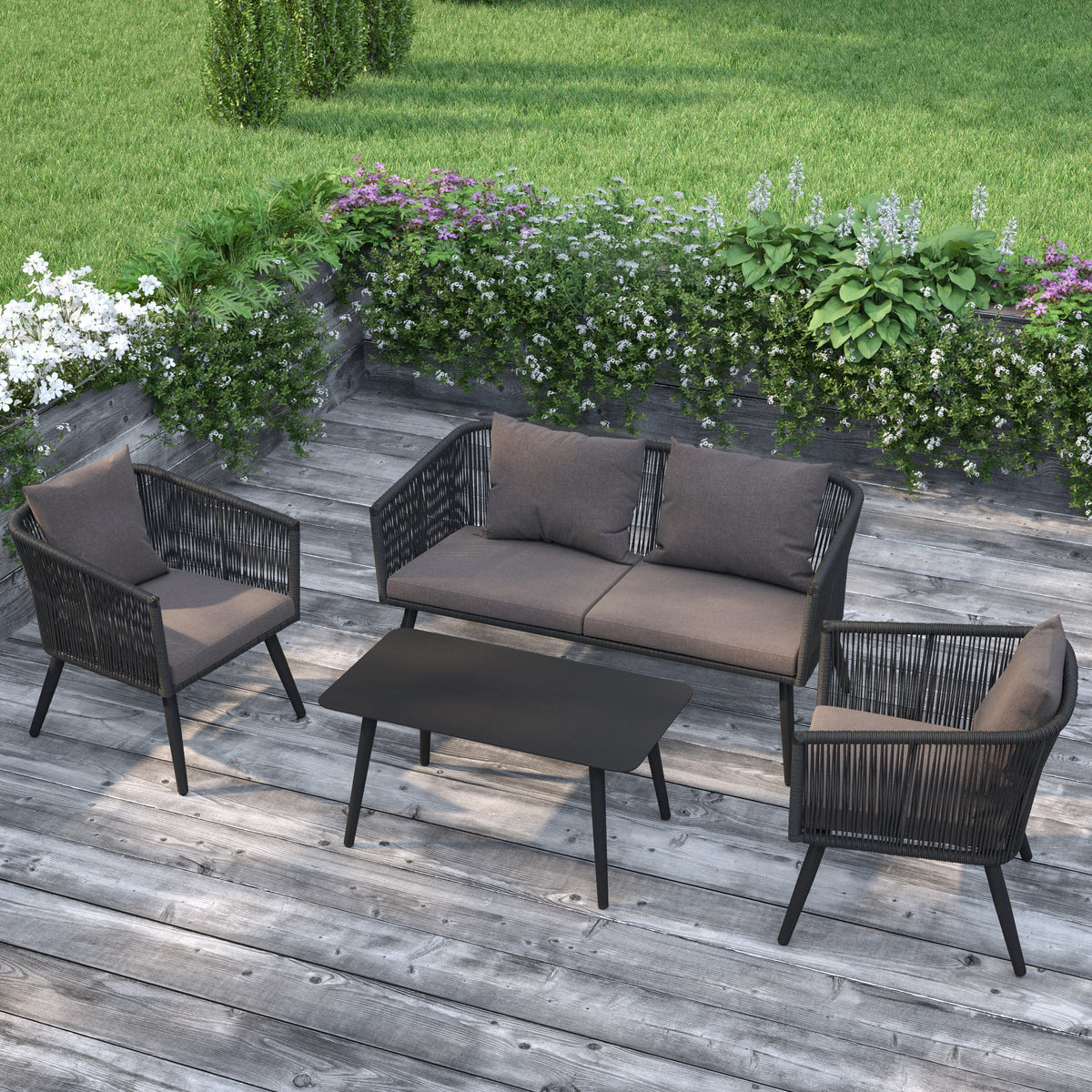 Merrick Lane Outdoor Furniture 4 Piece Black Woven Aluminum Frame Loveseat 2 Chair and Coffee Table Set with Gray Cushions