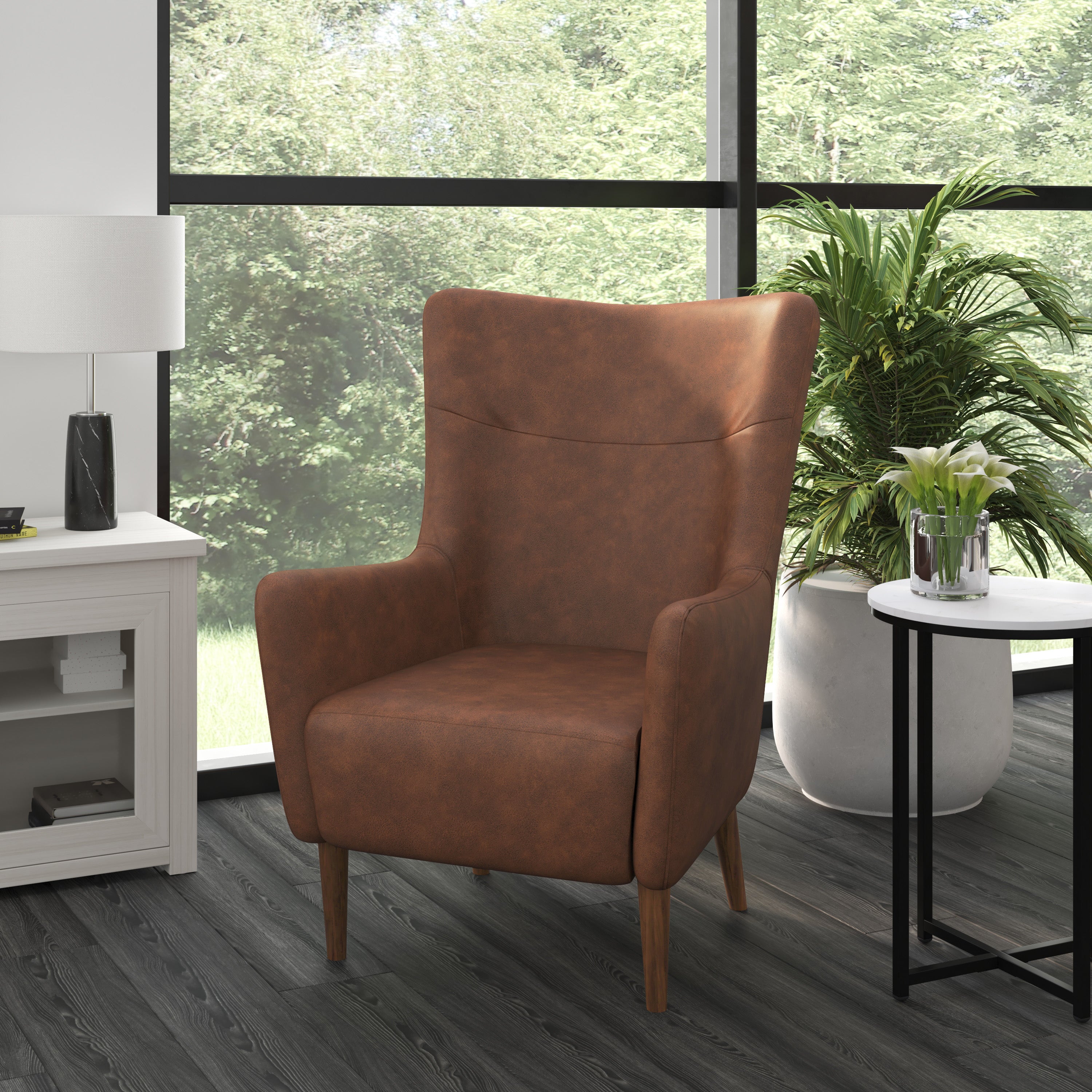 Regal Traditional Wingback Accent Chair, Faux Leather Upholstery and W