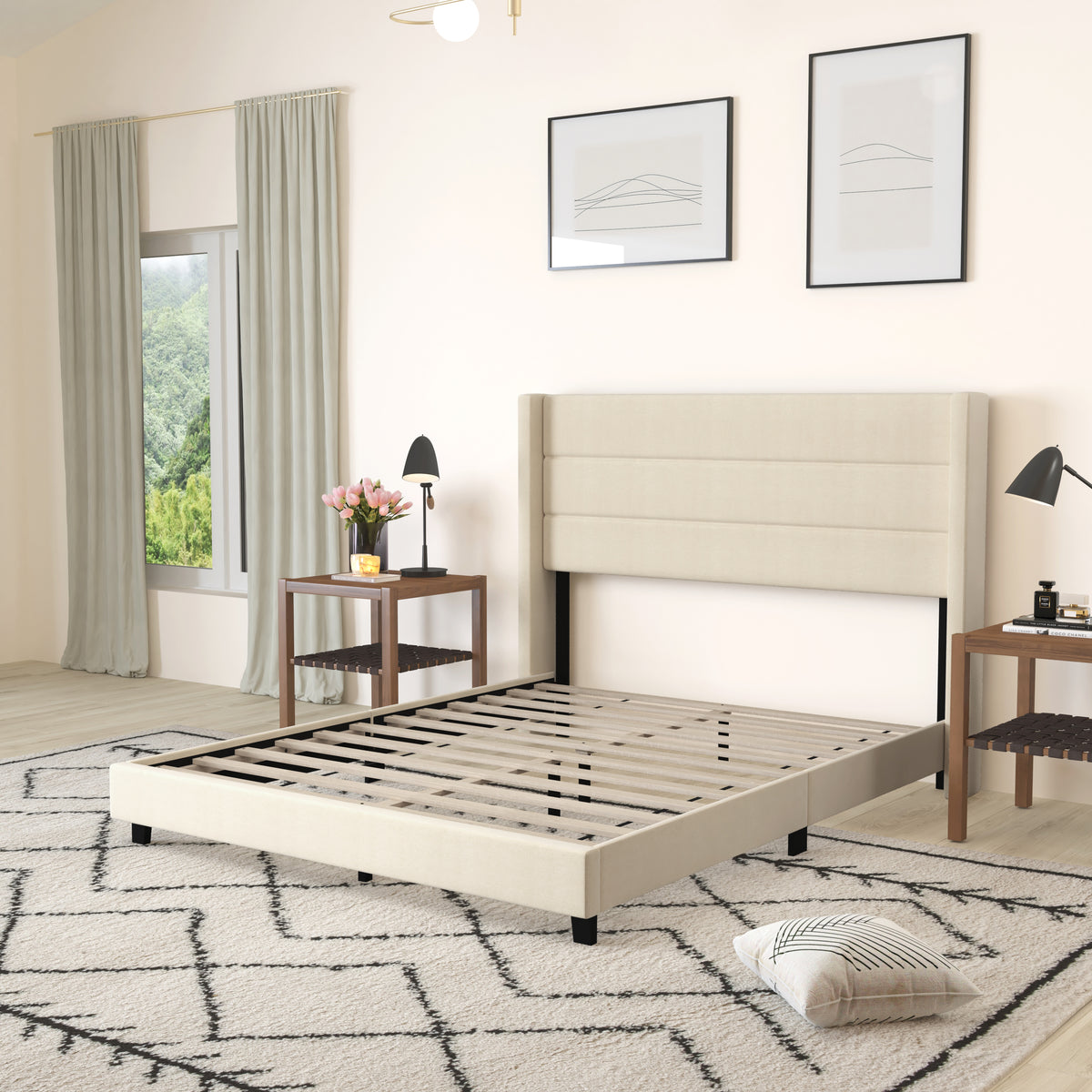 Percy Modern Platform Bed with Padded Channel Stitched Faux Linen Upholstered Wingback Headboard and 8.6 Underbed Clearance